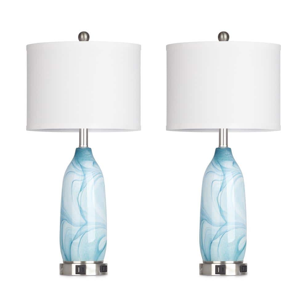Cinkeda 26 in. Turquoise Glass Table Lamp Set with USB, Tpye-C Ports ...