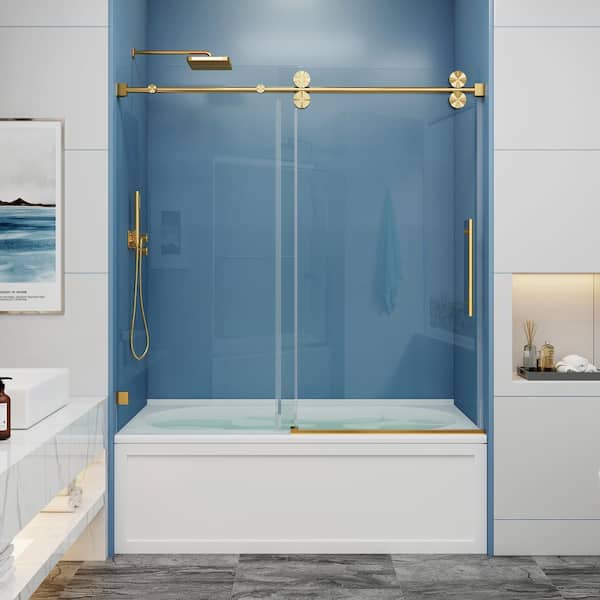 MCOCOD 60 in. W x 60 in. H Single Sliding Frameless Tub Door in Brushed Gold with Smooth Sliding ...