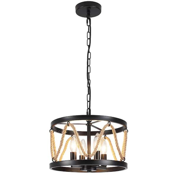 ADSENSTY 4-Light Black Dimmable Rustic Hemp Ropes Drum Shade Chandelier ...