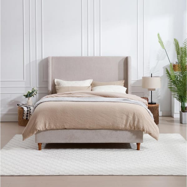 Chenille Upholstered Queen Bed Frame with Headboard Light Gray
