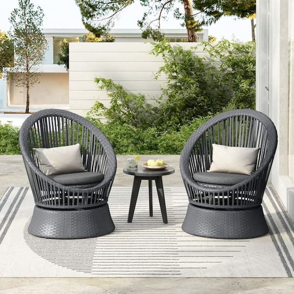 26.7 in. Modern Gray Swivel Wicker Outdoor Lounge Chair Rattan and Iron ...
