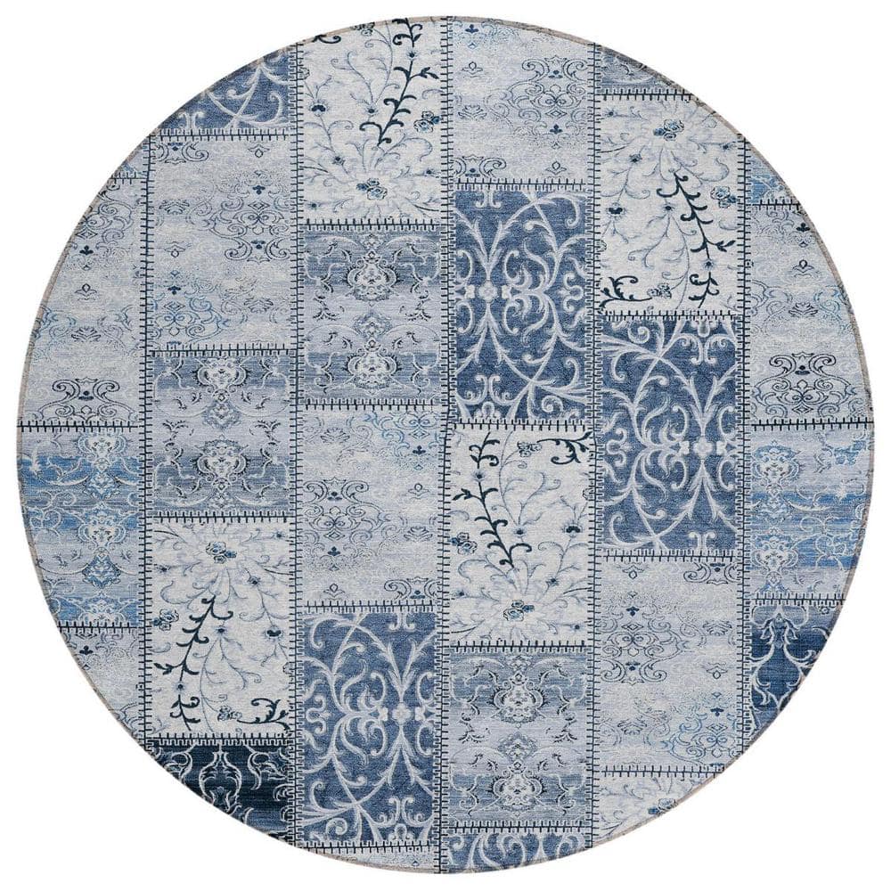 HomeRoots Denim Blue 8 ft. Round Woven Plaid Round Indoor/Outdoor Area ...