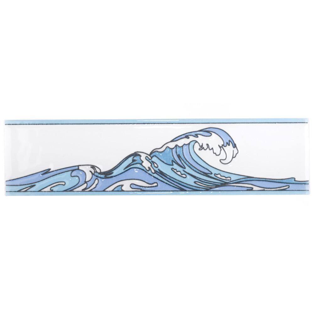 Merola Tile Captain Kanagawa Wave Glacier Blue 2 in. x 7-7/8 in. Glossy ...
