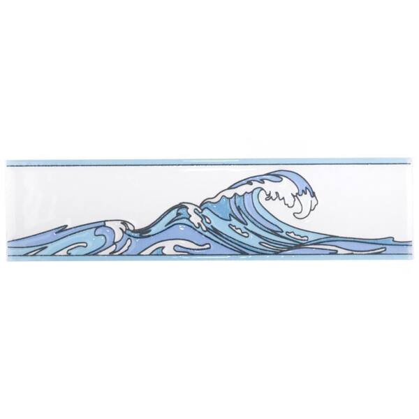 Merola Tile Captain Kanagawa Wave Glacier Blue 2 in. x 7-7/8 in. Glossy ...