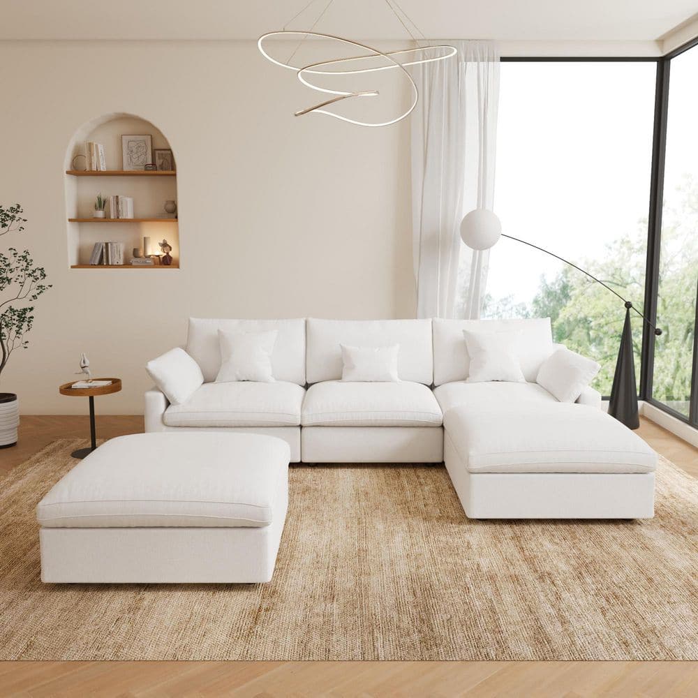Magic Home 120 in. Square Arm 5-Piece Linen Upholstered Cloud Modular Sectional Sofa 3-Seater w ...