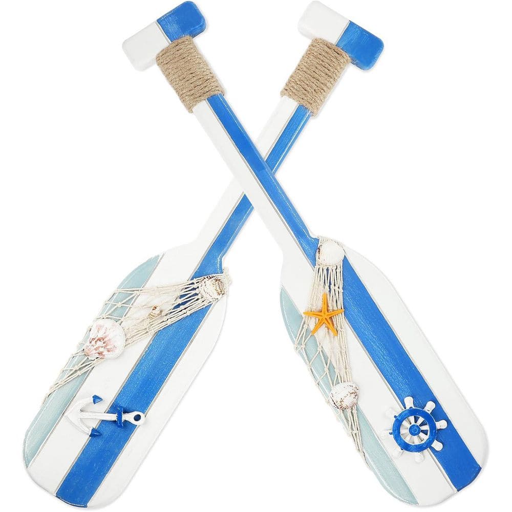2-Piece 4 in. x 20 in. Blue and White Nautical Wooden Double Oar Decor ...