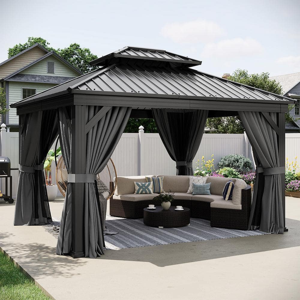 Sizzim 12 ft. W x 10 ft. D Galvanized Steel Roof Gazebo with Aluminum ...
