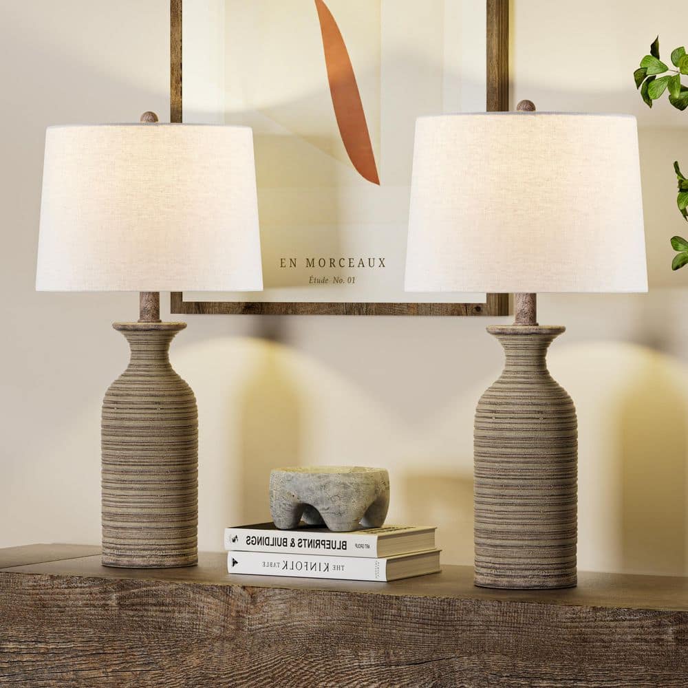 KAWOTI 23 in. Brown Resin Table Lamp Set with Beige Linen Shade for ...