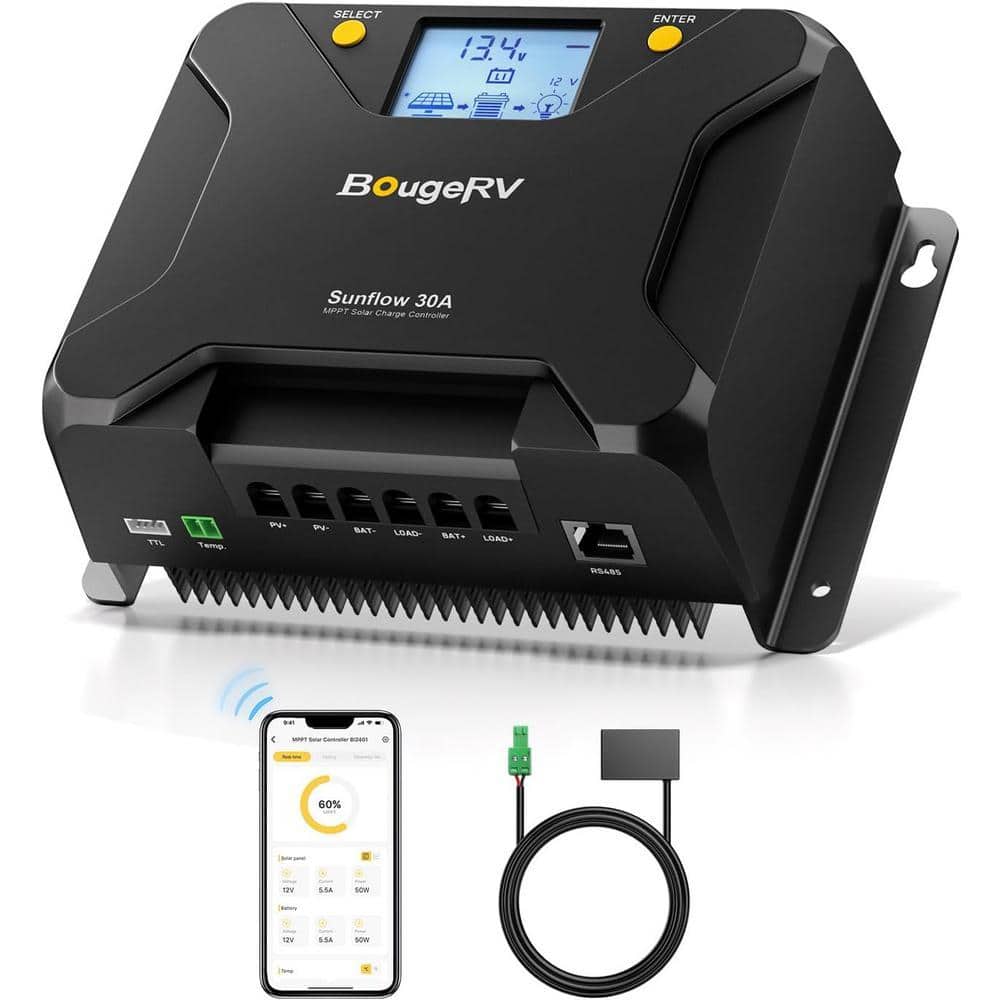 BougeRV 12-Volt/24-Volts MPPT Solar Charge Controller 30A APP Control ...