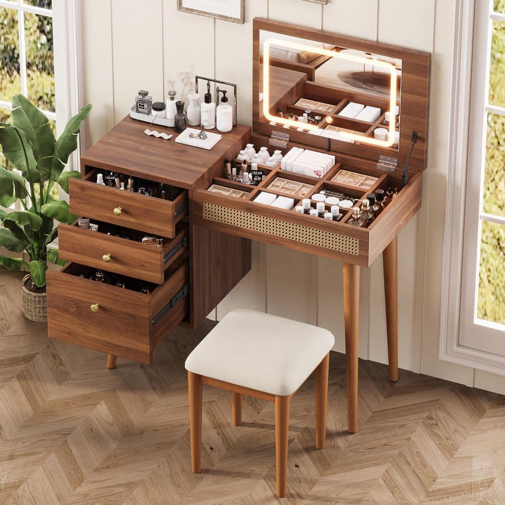 Harper & Bright Designs Retro 2-Piece Walnut Makeup Vanity Set with ...