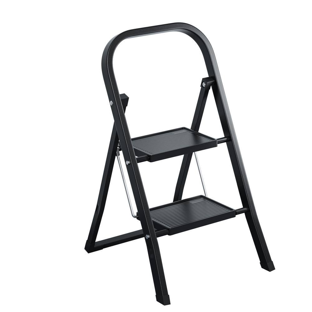 Tidoin 2.6 ft. Black Steel Folding 2 Step Ladder (6 ft. Reach), 300 lbs ...