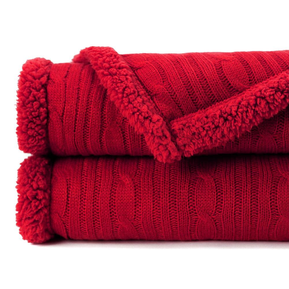 CHANASYA Cable Knit Red Polyester Throw Blanket with Reversible Sherpa ...