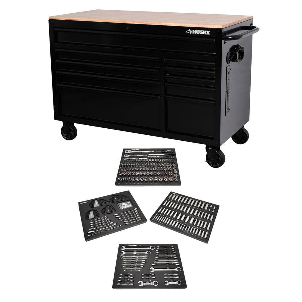 Husky 52 in. W x 25 in. D 10-Drawer Gloss Black Mobile Workbench Tool ...