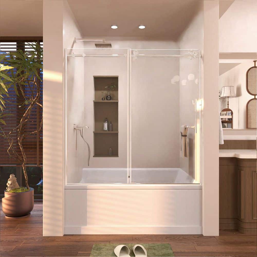 tydex Eon 60 in. W x 60 in. H Sliding Semi Frameless Tub Door in Chrome ...
