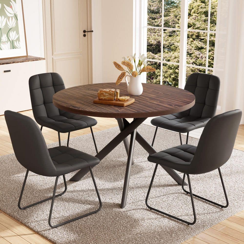 GOJANE 5-Piece Black Chairs and MDF Round Walnut Dining Table, Dining ...