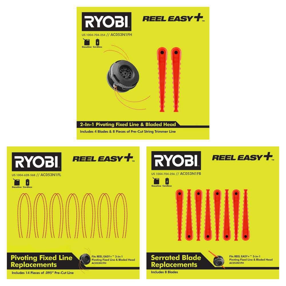 RYOBI REEL EASY+ 2-in-1 Pivoting Head and .095 Fixed Line Replacements (14-Pieces) with Serrated ...