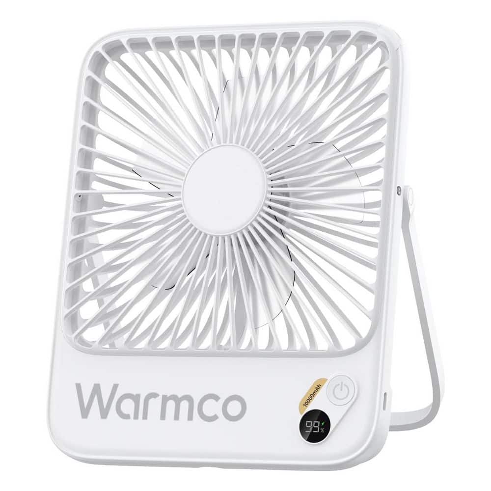 Warmco 5 in. 4-Speeds Desk Fan in White, 10000mAh, Ultra-thin Digital ...