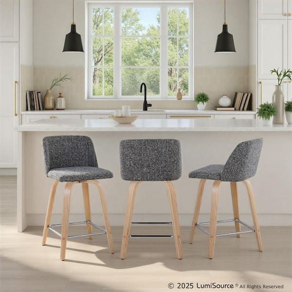 Lumisource Toriano 33.75 in. Grey Noise Fabric, Natural Wood and Chrome ...