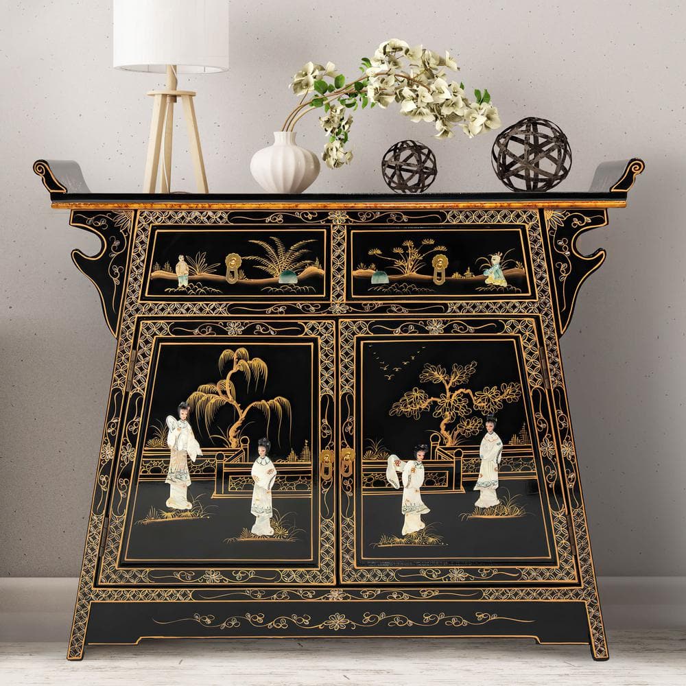 Oriental Furniture Black Lacquer Royal Ladies Altar Accent Cabinet L3 M751B The Home Depot