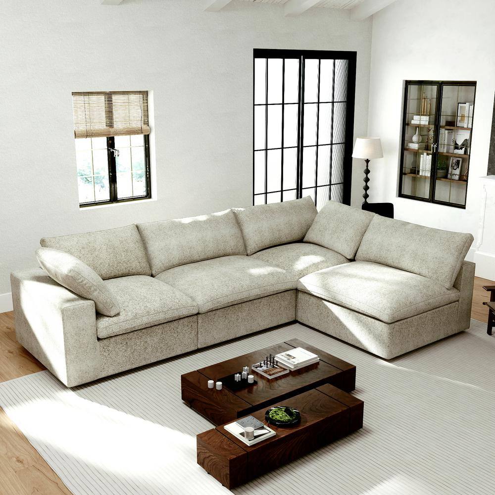 Magic Home 118 in. Square Arm 4-Piece Linen L-shaped Sectional Sofa Corner Cloud Couch in Khaki ...