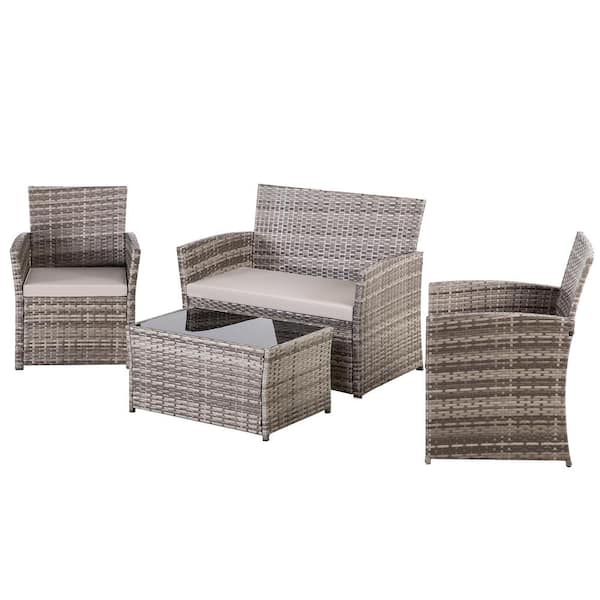JUSKYS Gray 4-Piece Outdoor Patio Rattan Polyethylene Resin Wicker ...
