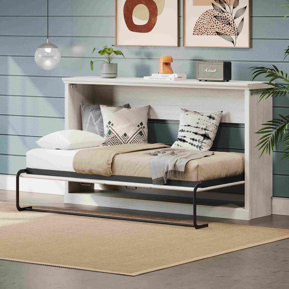 Polibi Rustic White Wood Frame Twin Murphy Bed with 2 Side Cabinet ...