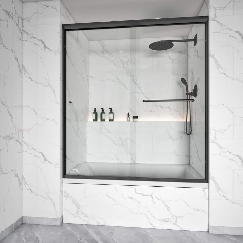 LASIHEM 56-61 in. W x 60 in. H Double Sliding Framed Tub Door in Matte ...