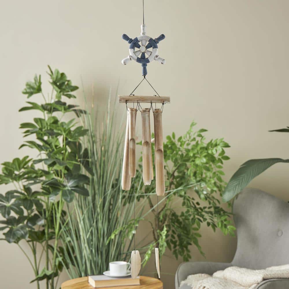 Litton Lane 36 in. Blue Bamboo Wood Ship Wheel Windchime with Log ...
