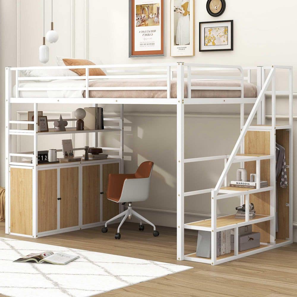 Polibi White/Natural Full Size Wood Loft Bed with Storage Staircase and Wardrobe, Shelves and ...