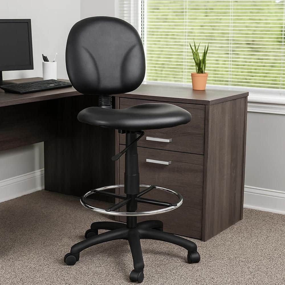 Benjara Zem Vinyl Contoured Back Ergonomic Office Stool in Black and ...