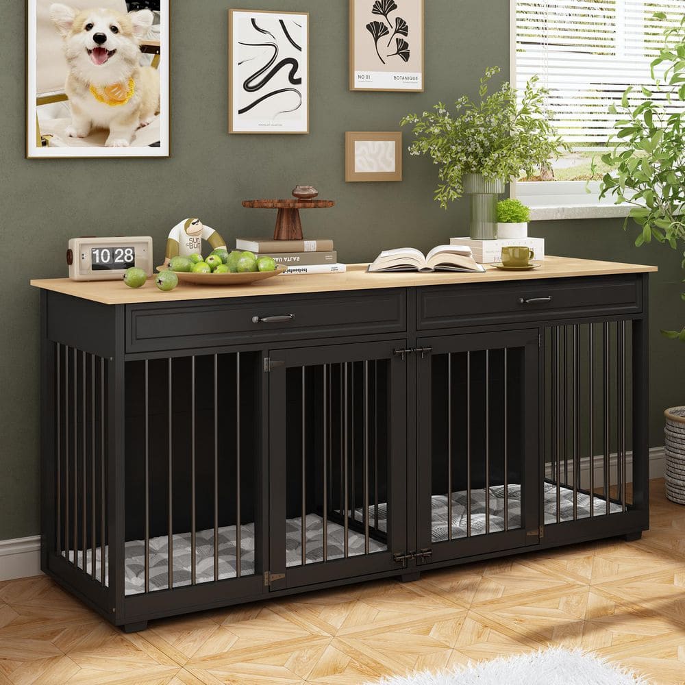 FUFU&GAGA Black Large Dog Crate, Wooden Dog Kennels with Drawers and Divider, Modern Heavy Duty ...
