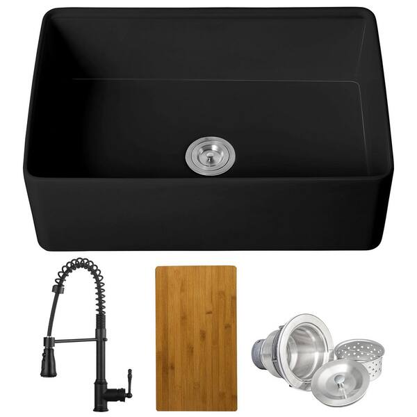 HOMLYLINK Farmhouse Kitchen Sink 24 in. Apron Front Single Bowl Black ...