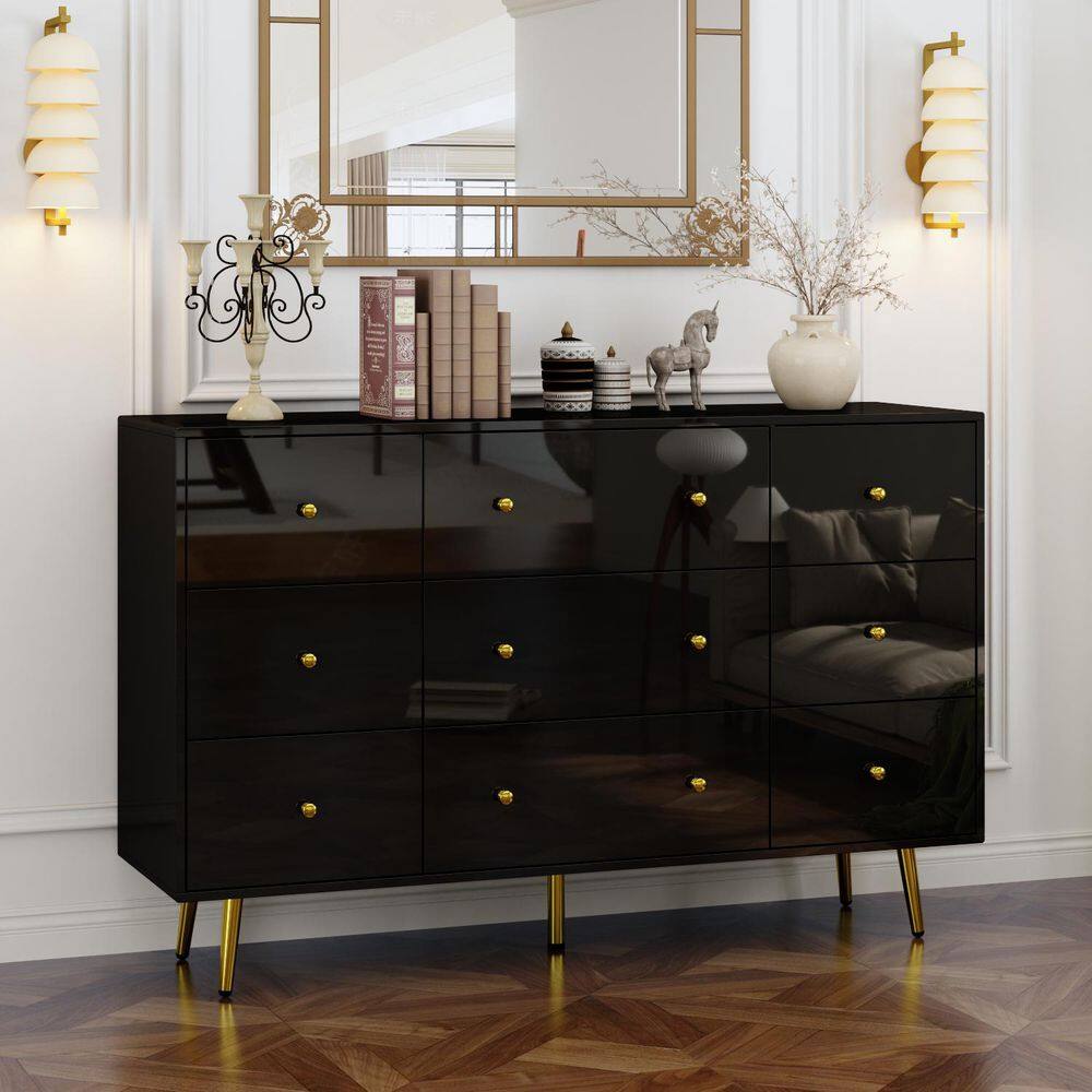 FUFU&GAGA Black Mirror Finished Wooden 9-Drawer 55.1 in Width Dresser, Chest of Drawers, Modern ...