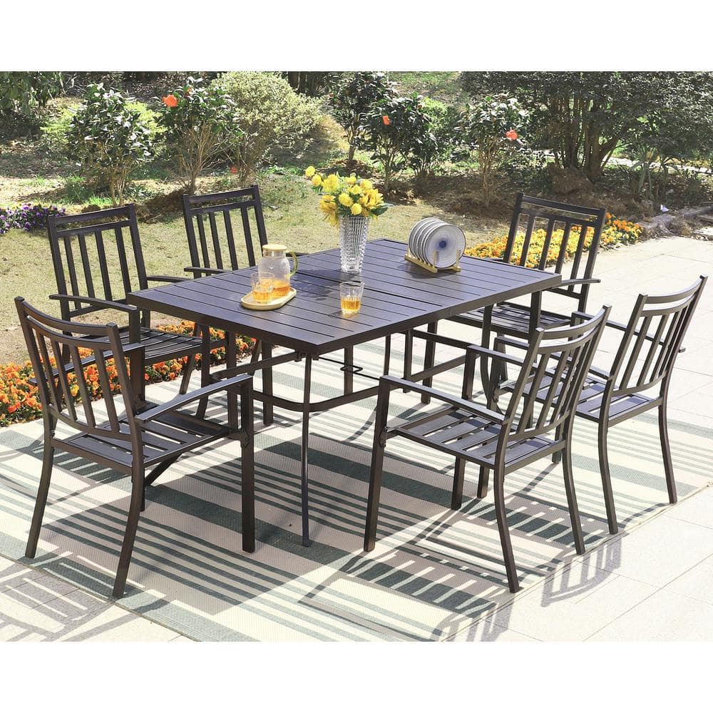 PHI VILLA Black 7-Piece Metal Outdoor Patio Dining Set with Rectangle ...