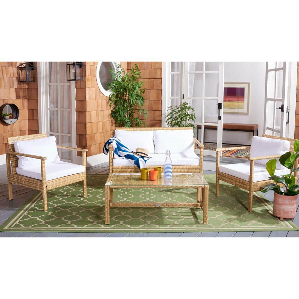 SAFAVIEH Garner Natural 4-Piece Wicker Patio Conversation Set with ...