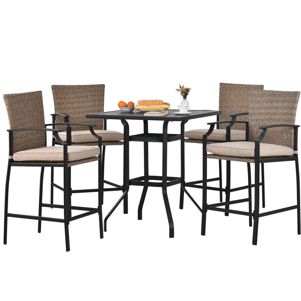 URTR Black 5-Piece Brown Rattan Wicker Square Counter Height Outdoor ...