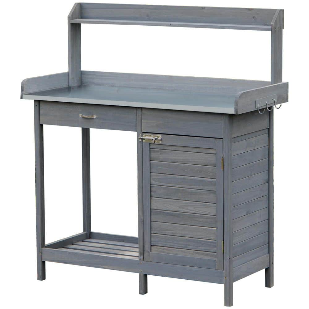 Coporesell Gray Wooden Open Shelf Potting Bench Table with Storage ...