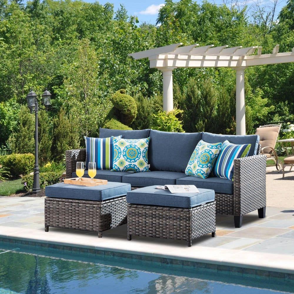 XIZZI Andes Gray Wicker Outdoor Couch Patio Sofa with Denim Blue ...
