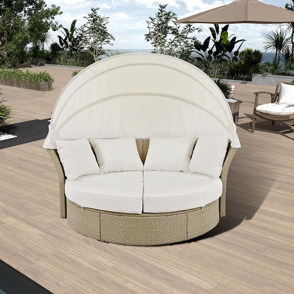 Nestfair Wicker Outdoor Round Sofa Day Bed with Retractable Canopy, 4 ...