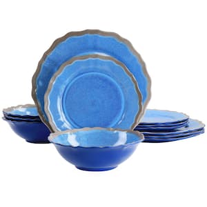 Elama 12-Piece Rippled Tides Blue Melamine Dinnerware Set (Service for ...