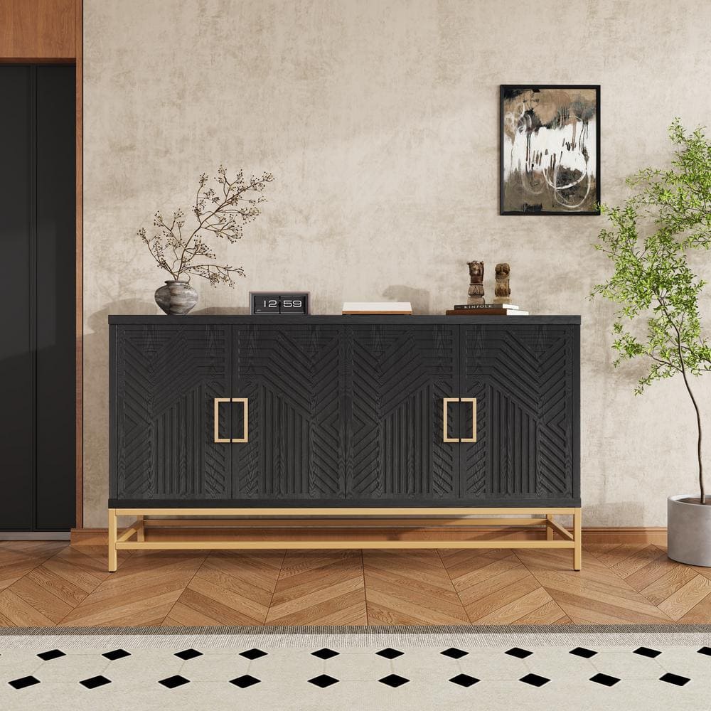 JUJABU Black MDF Wood 60 in. Sideboard with Adjustable Shelves Metal ...