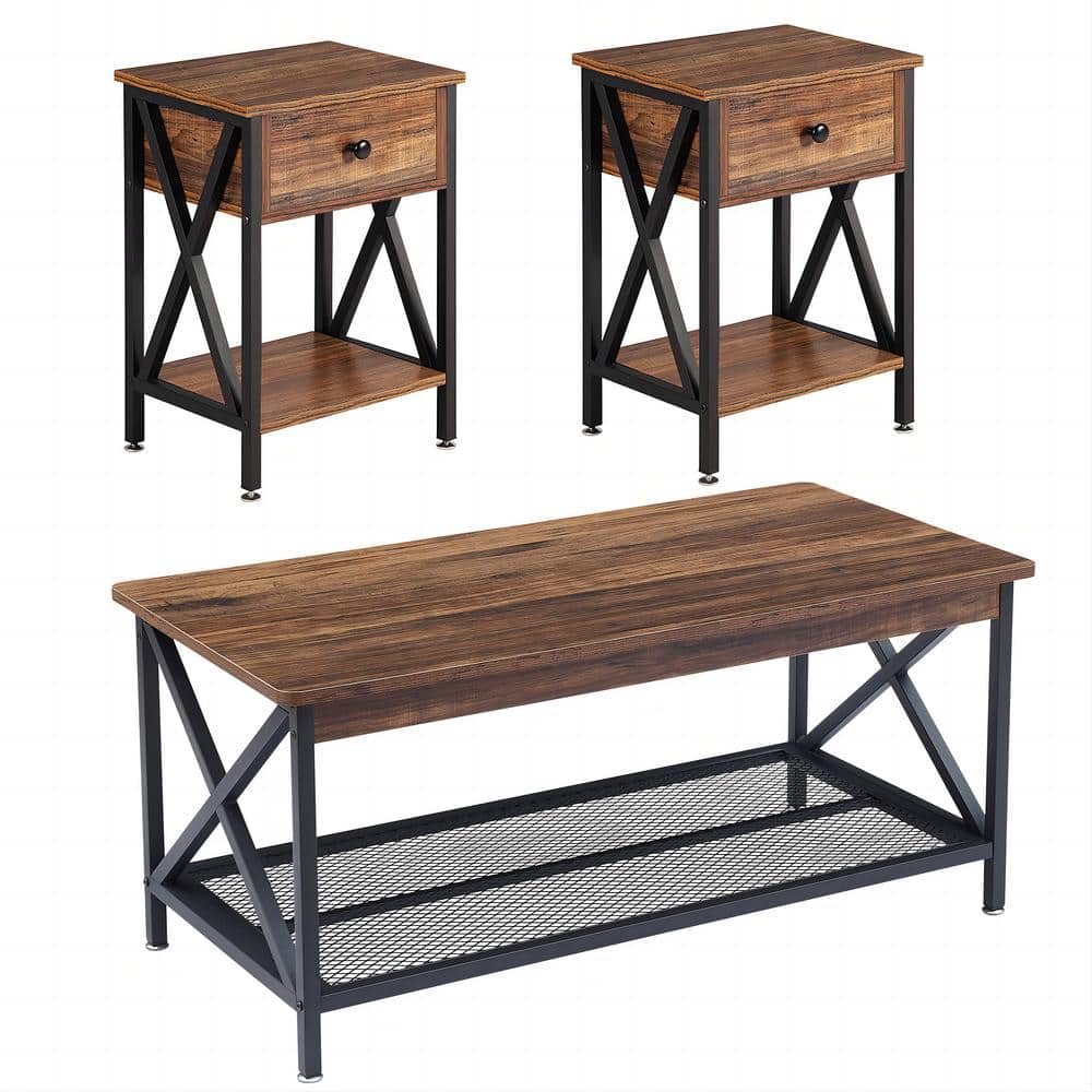 VECELO 3-Piece Occasional Table Set with Coffee Table + 2 End Tables ...