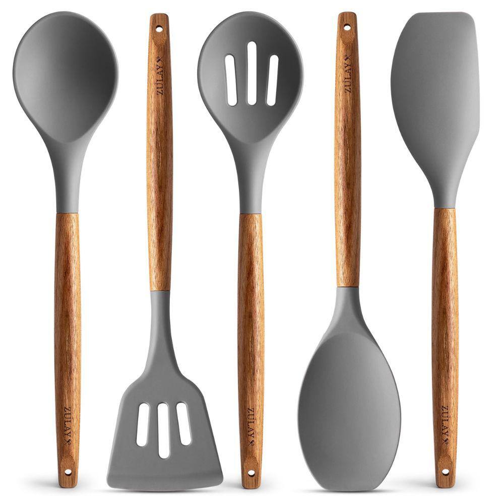 Zulay Kitchen 5-Piece Silicone Gray Utensil Set Z-5PCS-WOOD-UTNSLS-BG ...