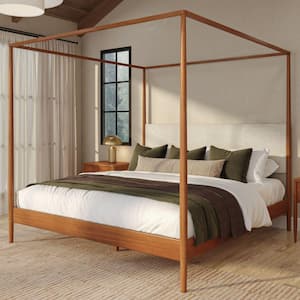PLANK+BEAM Harbor Brown Wood Frame Queen Canopy Bed with Upholstered ...