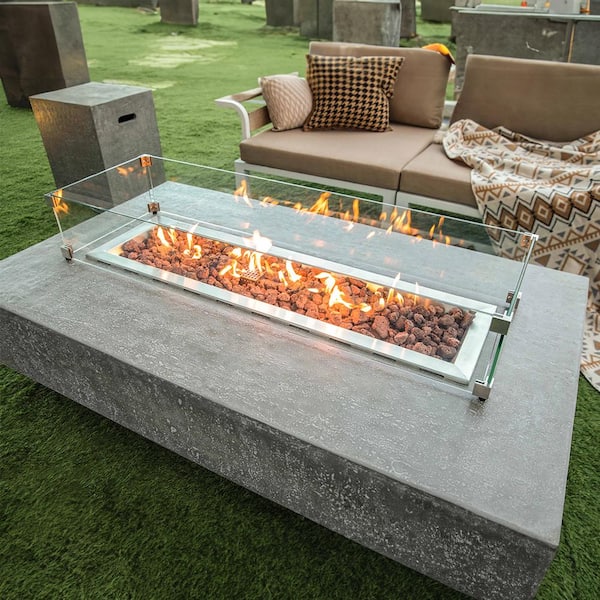 Hampton Outdoor Fire Pit 56 in. x 32 in. Rectangular Concrete Natural Gas Fire Table with