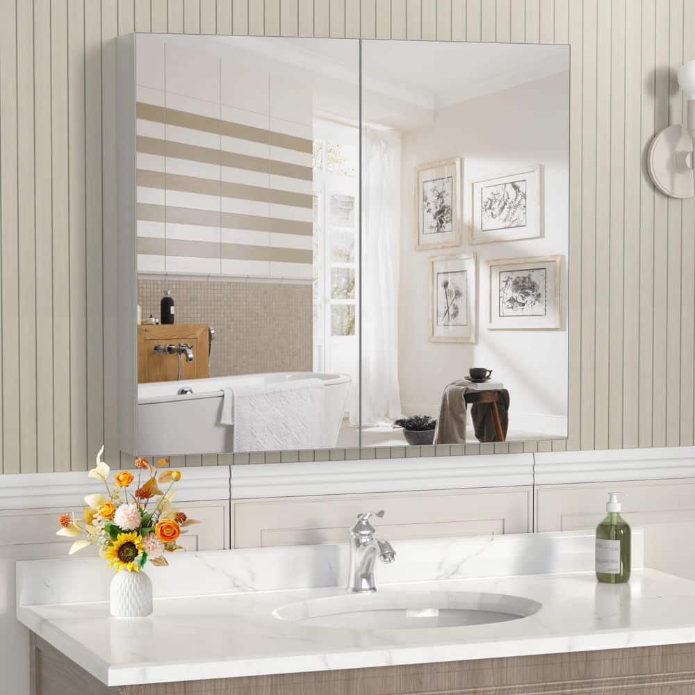 32 in. W x 28 in. H Rectangular Silver Medicine Cabinet with Mirror and ...