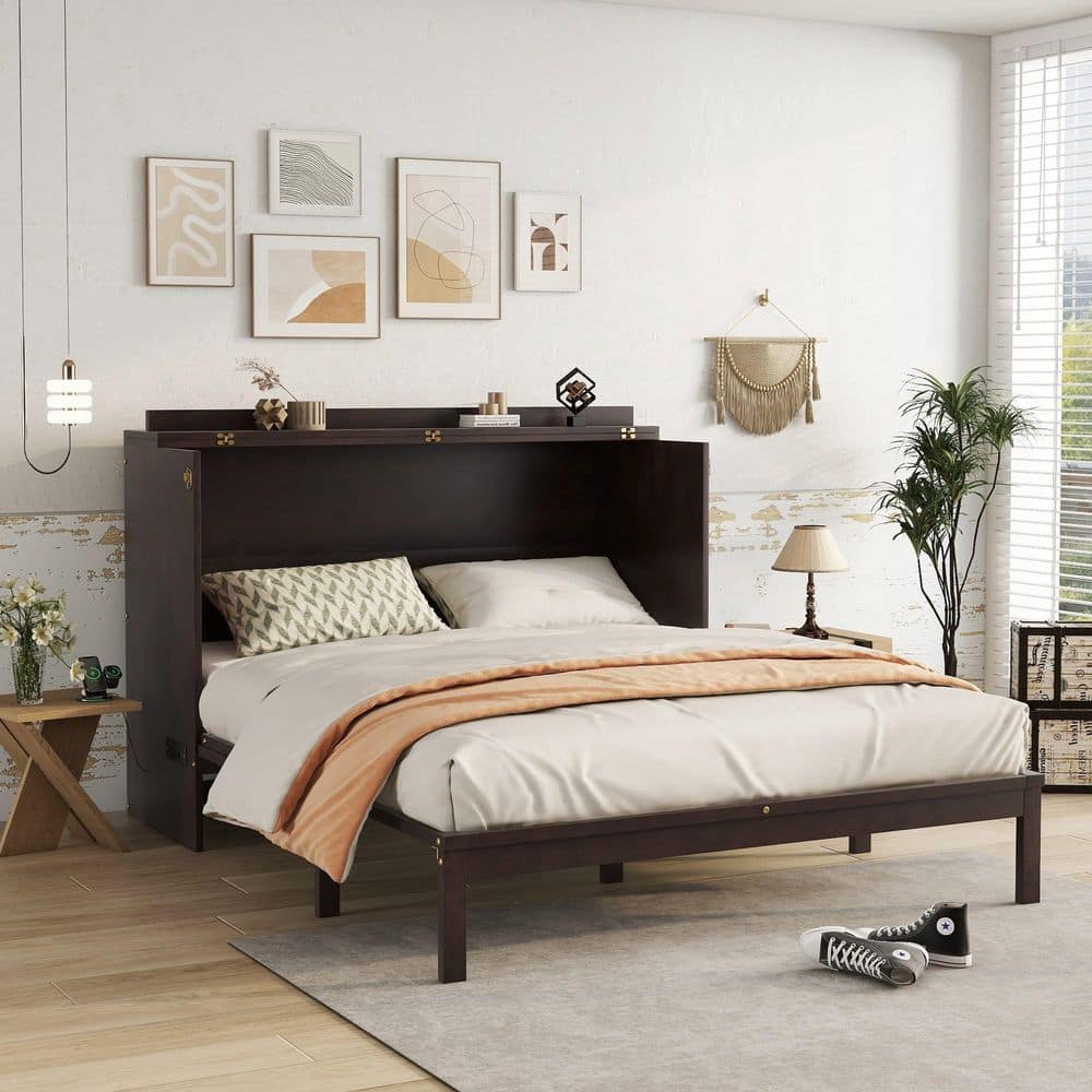 Noble House Estra Brown Wood Frame Queen Size Murphy Bed with Power ...