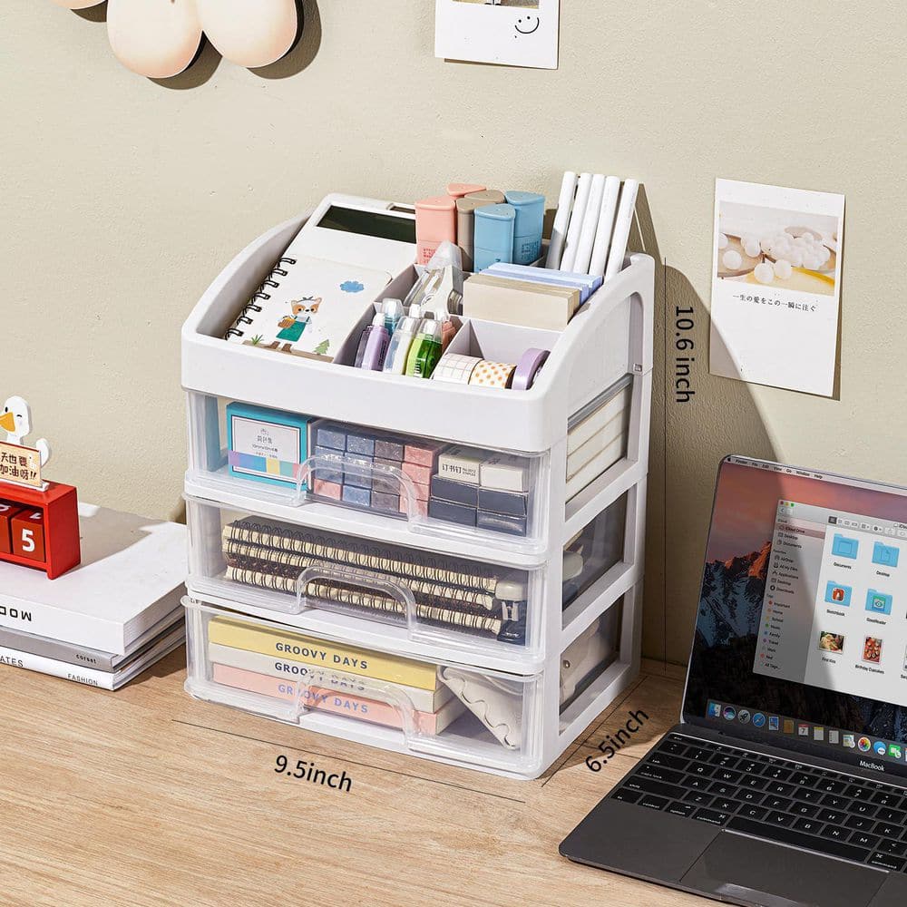 White 3 Drawer Plastic Desk Organizer, 10 in. x 8 in. Storage Box for ...