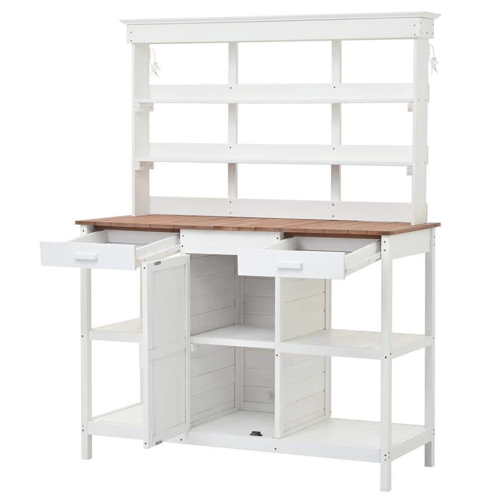 Kahomvis 50 in. W x 66 in. H White Fir Wood Potting Bench Table with ...