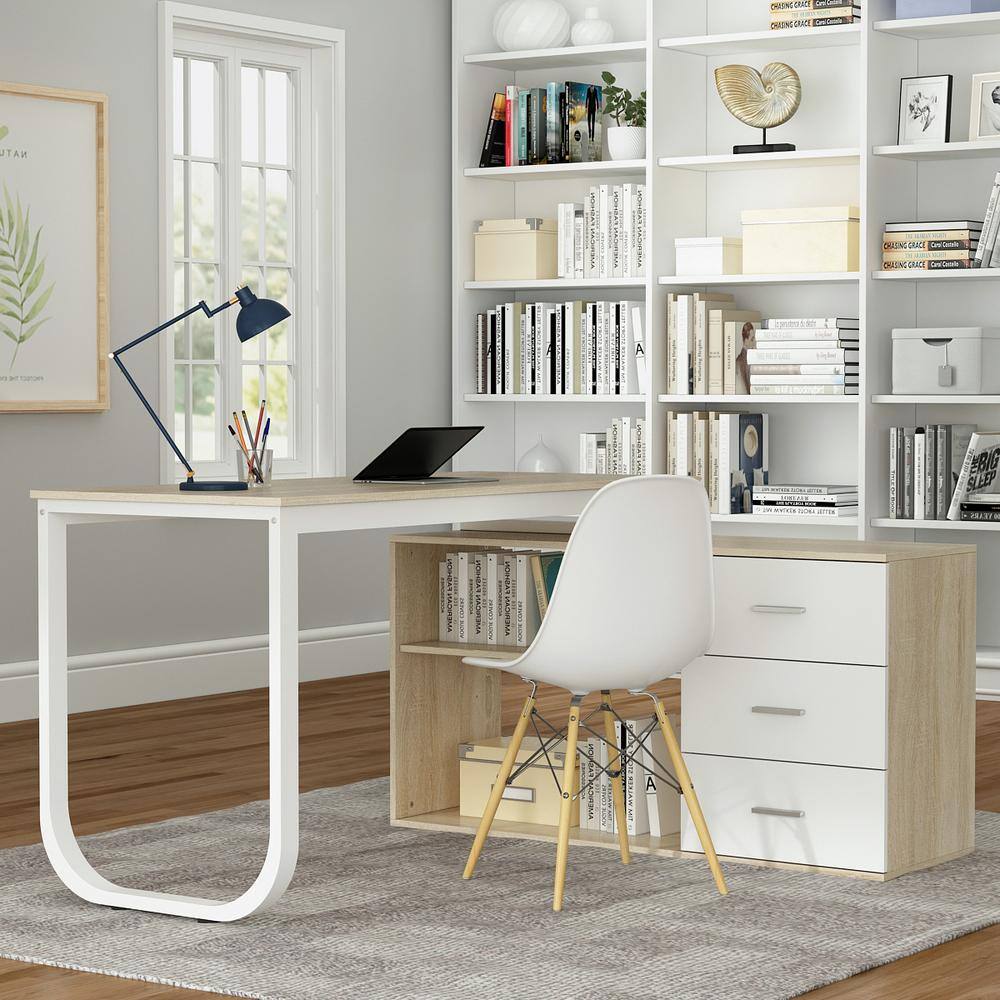 Buy 55.1 in. L-Shaped Beige Wood Computer Desk Writing Desk Office ...